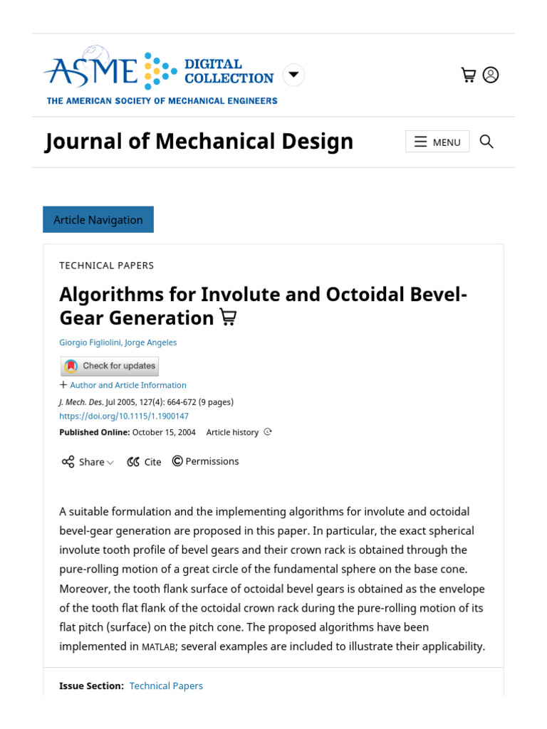 Algorithms For Involute and Octoidal Bevel-Gear Generation J. Mech. Des. ASME Digital Collection ...