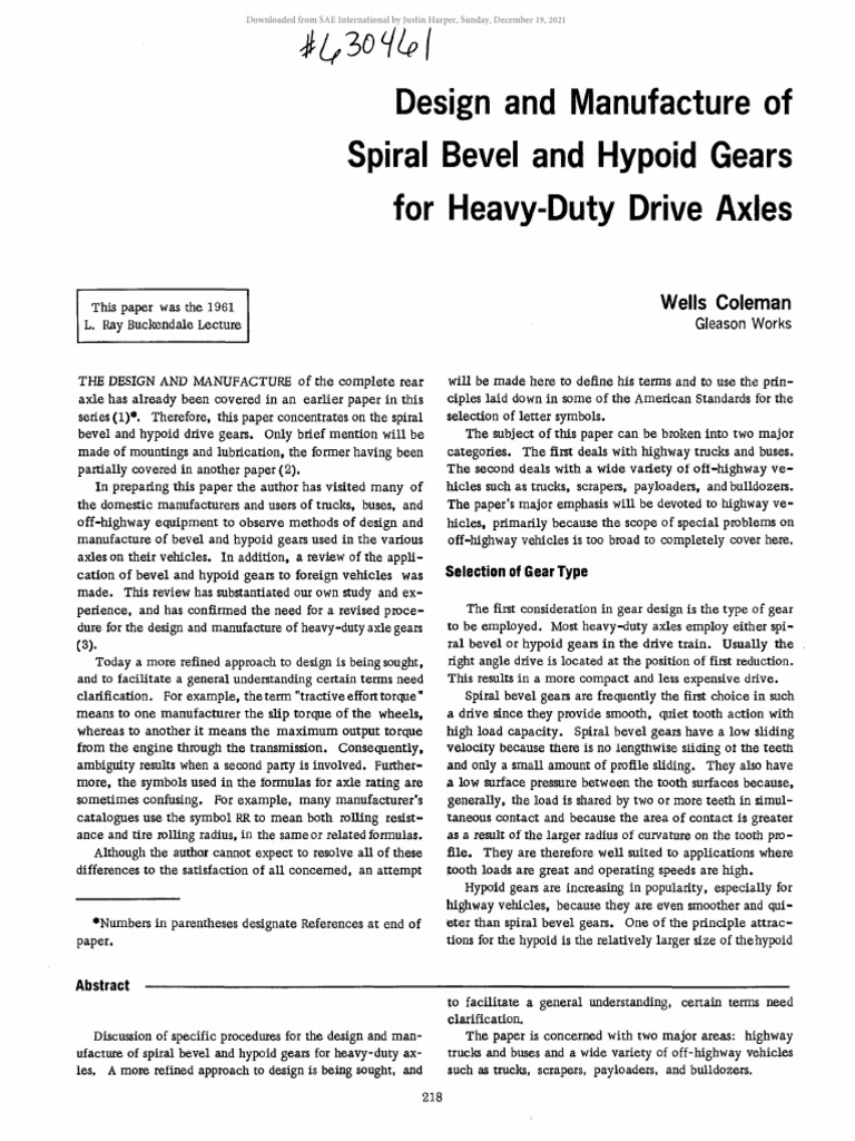 Spiral Bevel Gear Design SAE630461 | PDF | Gear | Manufactured Goods