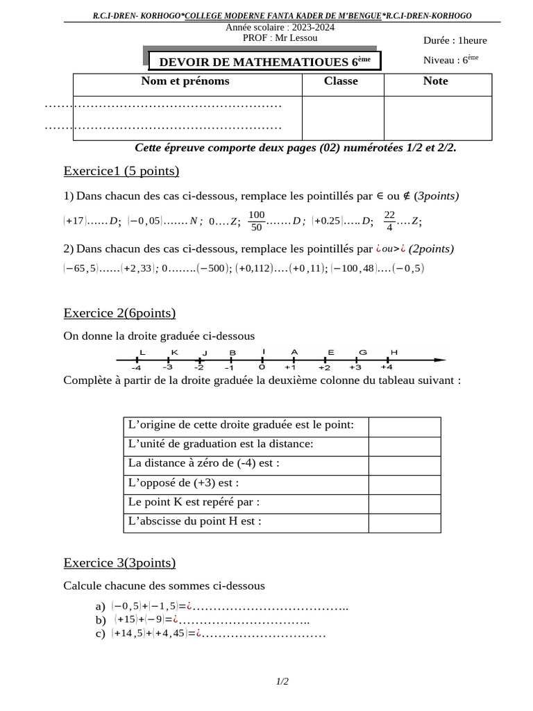 Devoir Nombres Decim 6eme | PDF