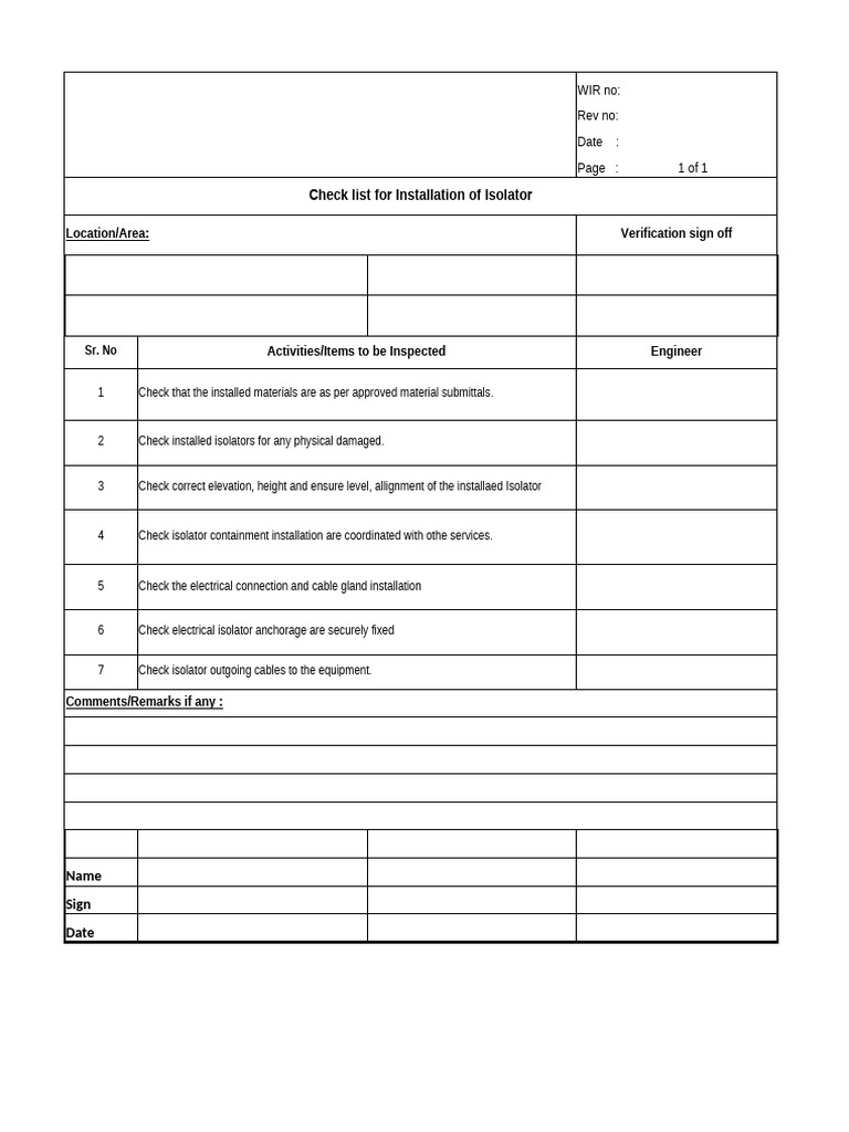 Check List For Installation of Isolator | PDF