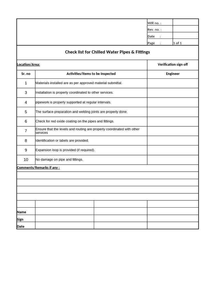 CHWP and Fittings Installation Checklist | PDF