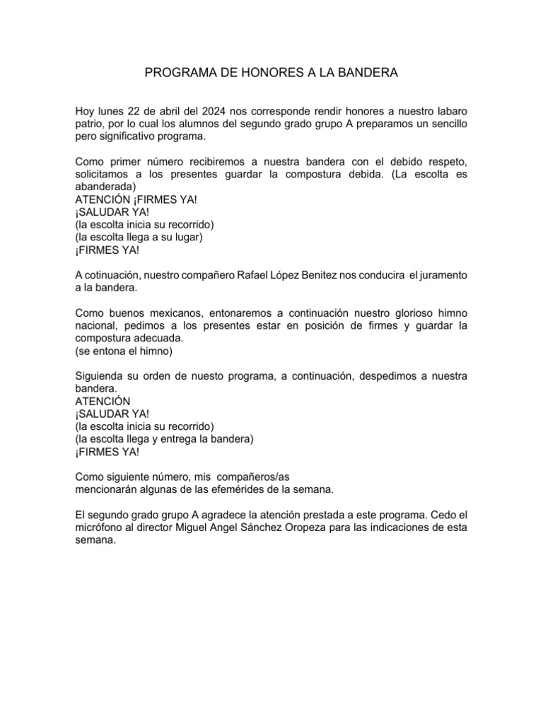 Honores a la Bandera: Programa 22/04/2024 | PDF