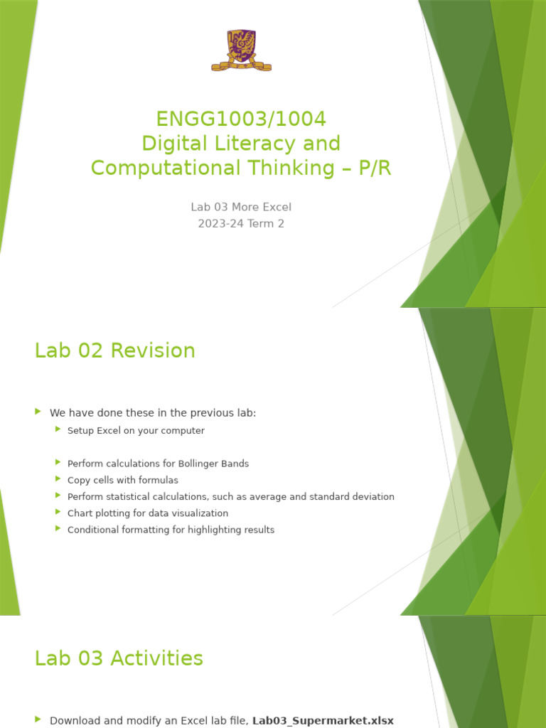 ENGG1003 Lab03 MoreExcel 2324T2 | PDF | Microsoft Excel | Computer File
