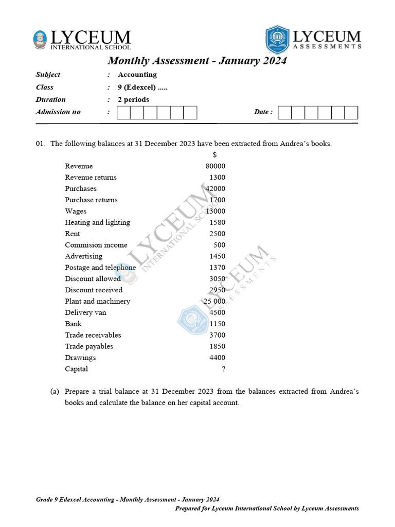 Grade 9 Edexcel Accounting Assessment | PDF | Expense | Economies