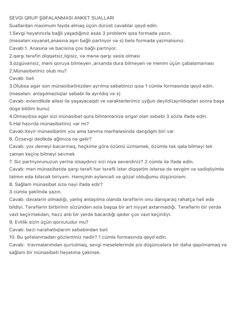 Sevgi Qrup Şəfalanmasi Anket Suallari | PDF