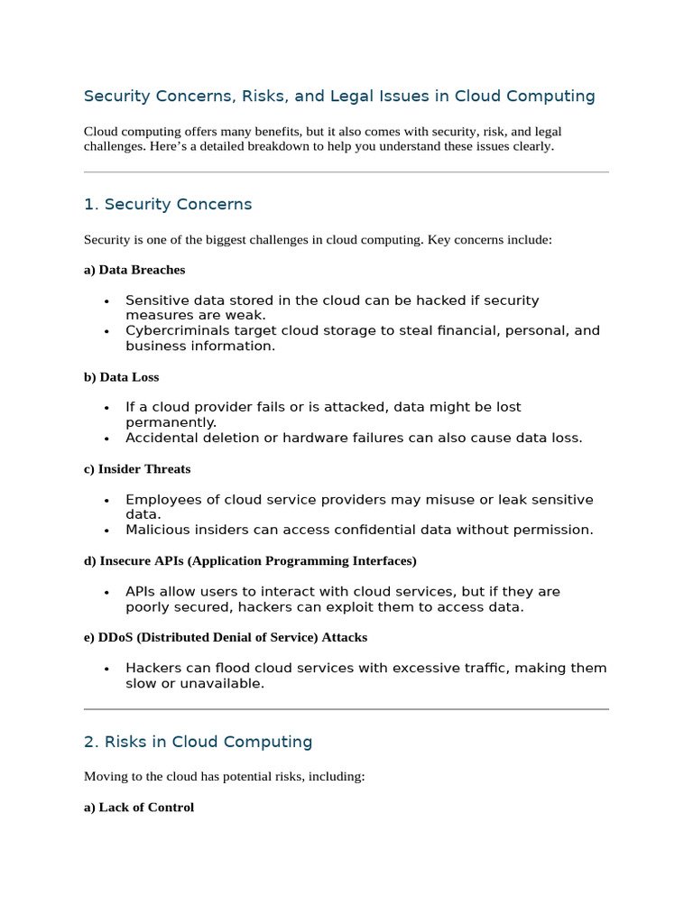 Security Concerns, Risks, And Legal Issues in Cloud Computing | PDF ...