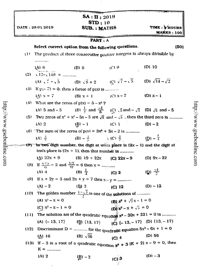 Gseb Class 10 Sa 2 Mathematics e Jan 2019 | PDF