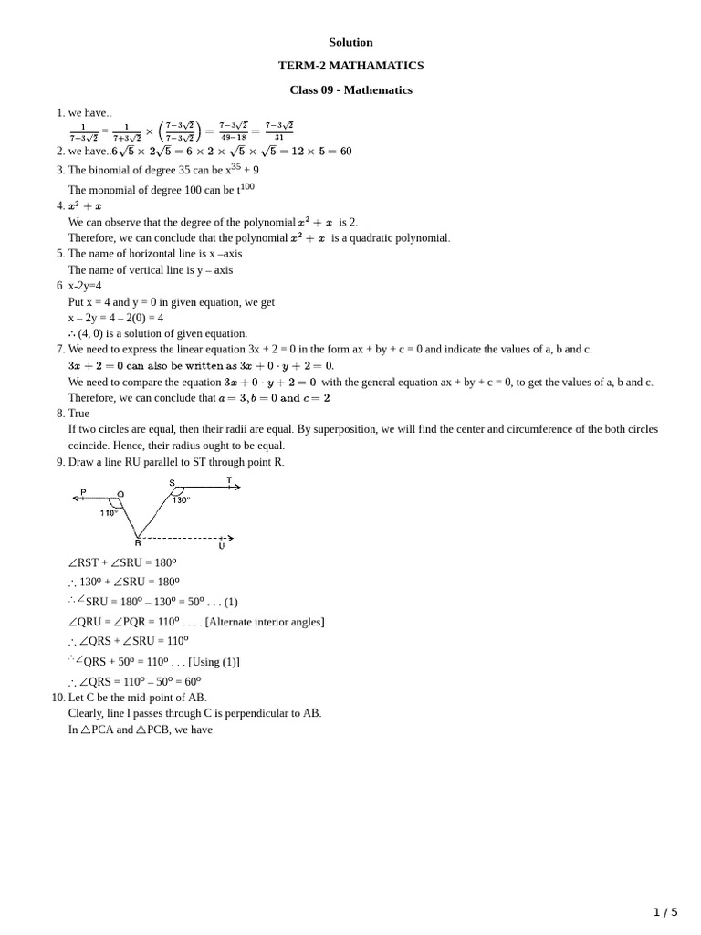 Class 9 Mathematics Solutions Guide | PDF | Equations | Triangle