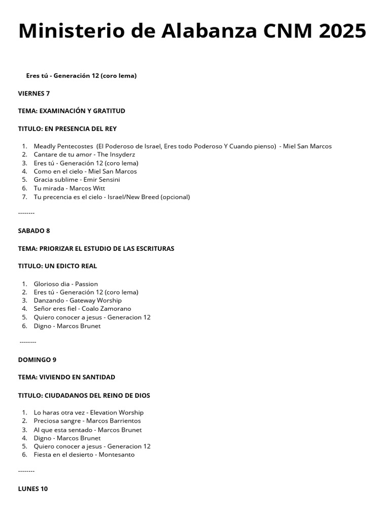 Ministerio de Alabanza CNM 2025 | PDF