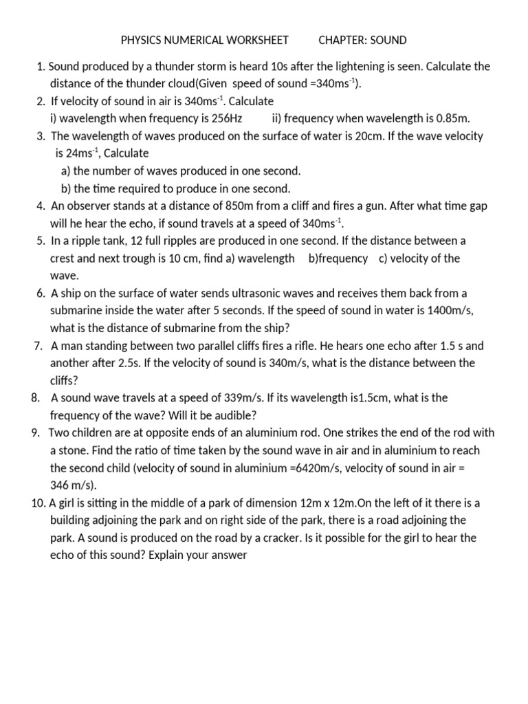 PHYSICS NUMERICAL WORKSHEET for classix | PDF