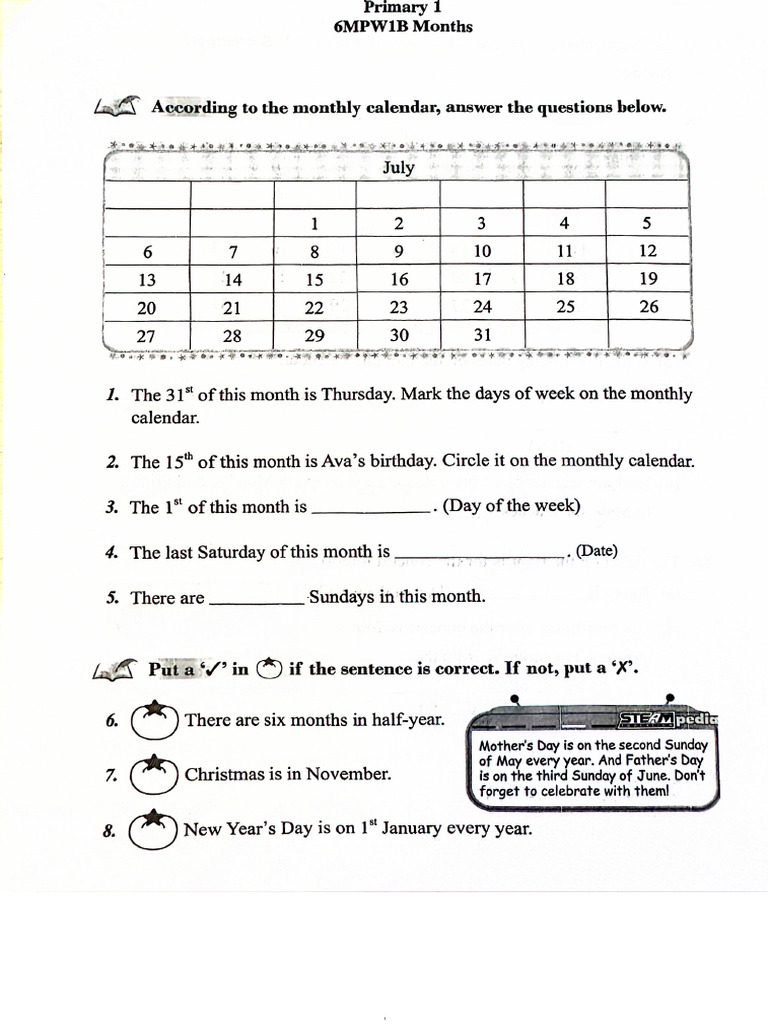 p1 Maths Months | PDF