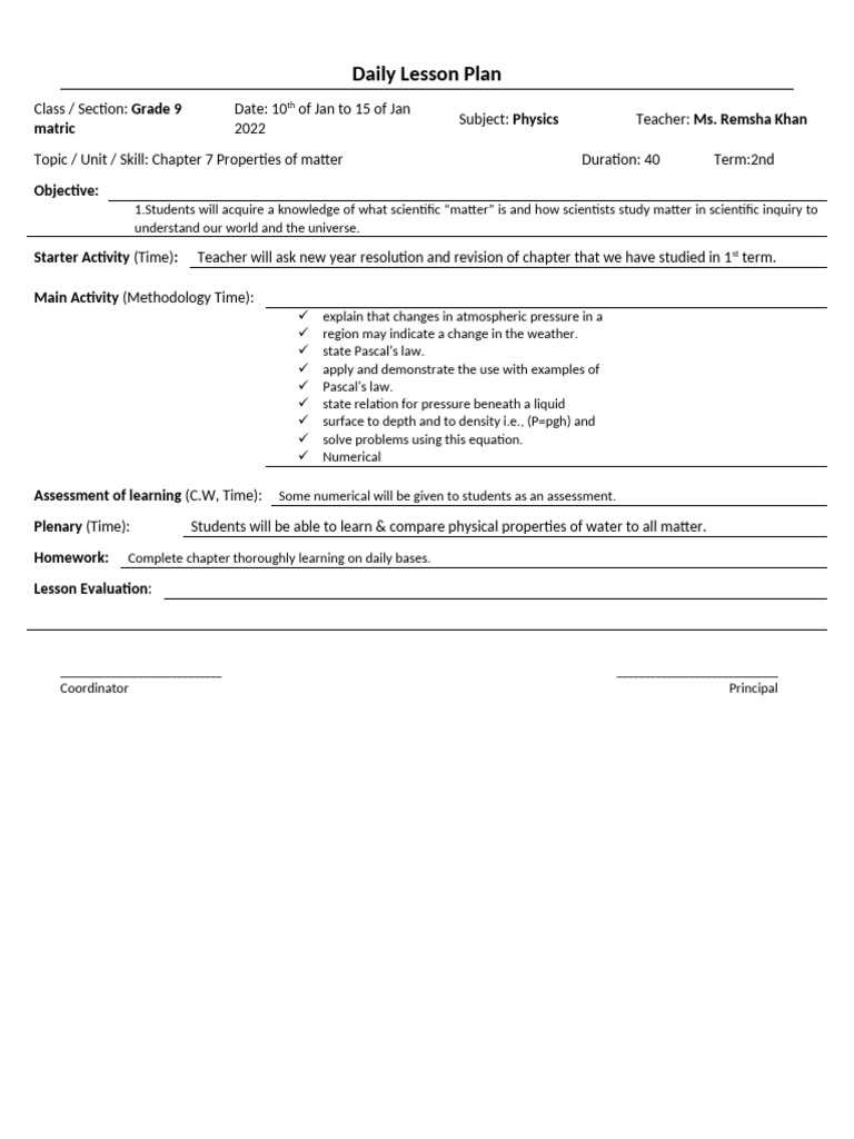 Daily Lesson Plan Format (1) - Grade 9matric Week1 | PDF