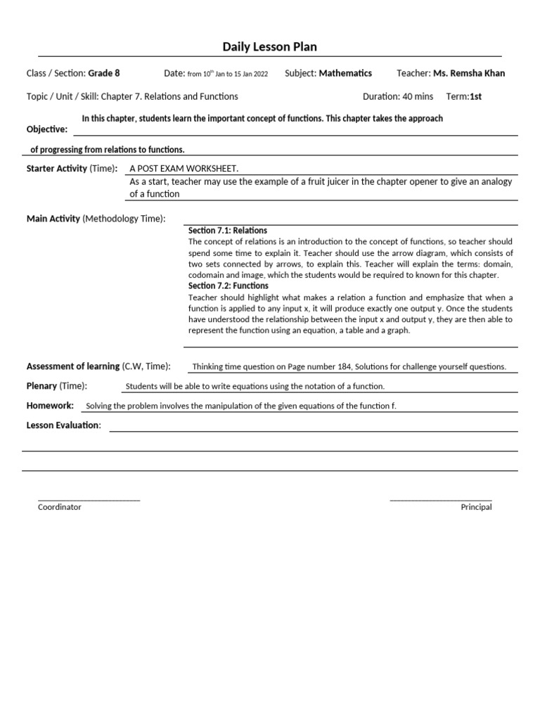 Daily Lesson Plan format grade 8. week1 | PDF | Function (Mathematics ...