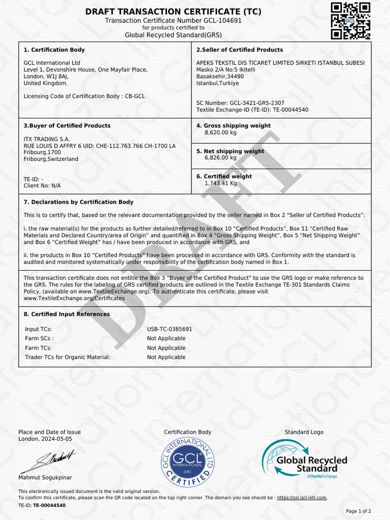 Transaction Certificate 3421 104691 | PDF | Textiles
