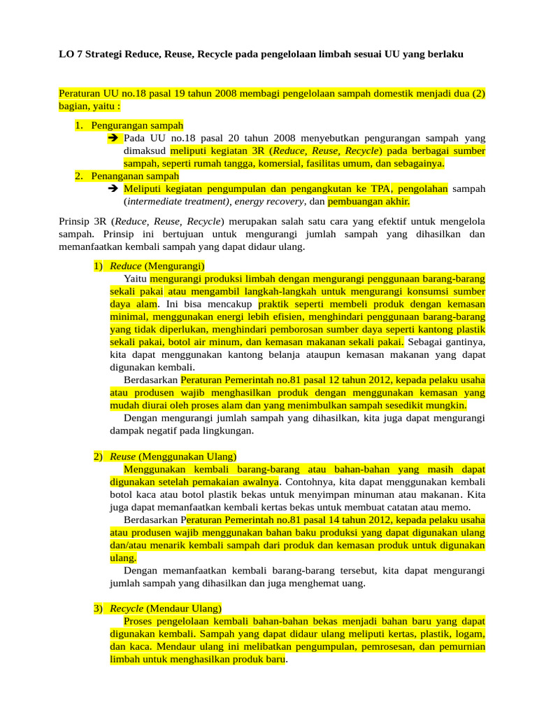 Strategi Reduce, Reuse, Recycle Pada Pengelolaan Limbah Sesuai UU Yang Berl | PDF