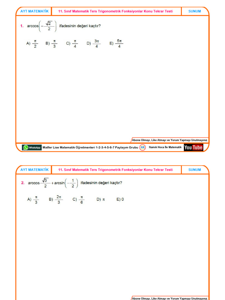 11.sinif Matematik Ters Trigonometrik Fonksiyonlar Calisma Sorulari | PDF