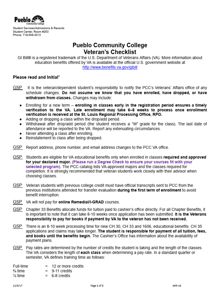 Veteran's Benefits Checklist for PCC | PDF | G.I. Bill