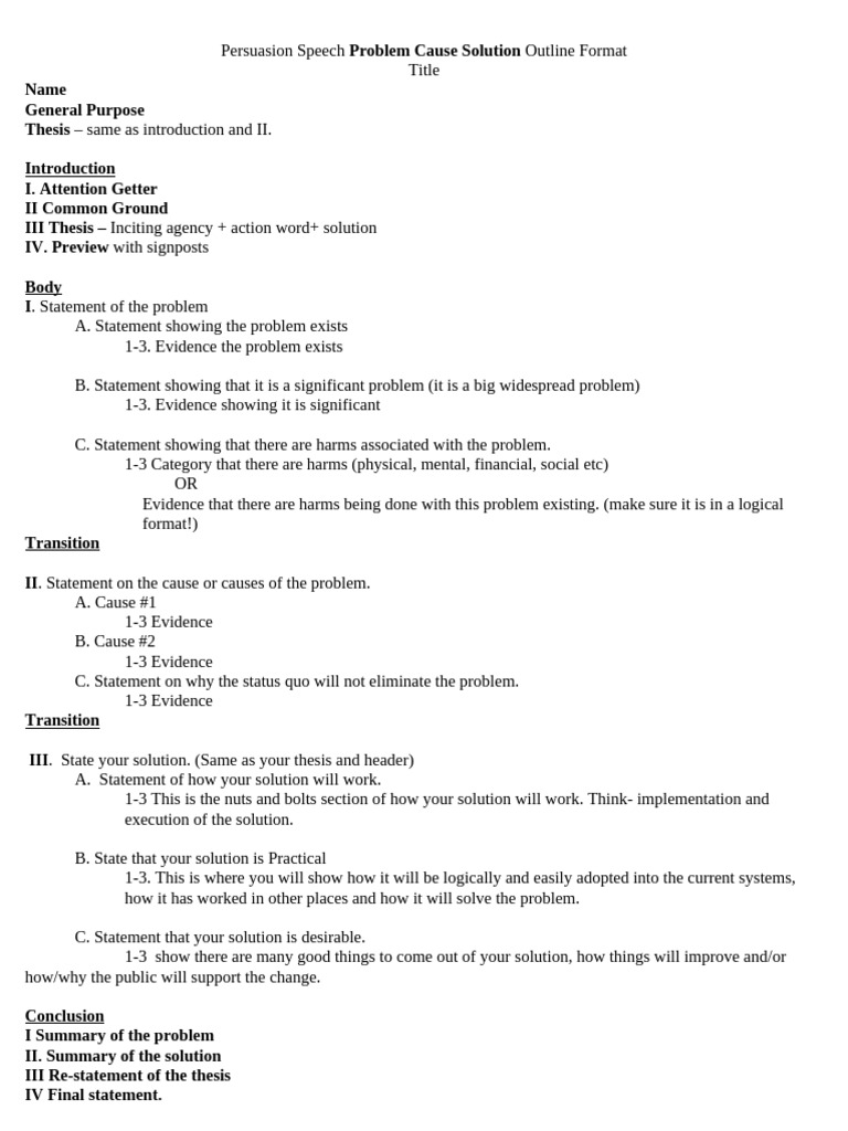 Persuasion Speech Problem Cause Solution Outline Format | PDF