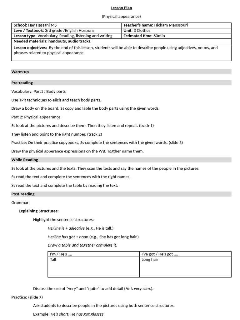 ESL Lesson Plan: Describing Appearance | PDF