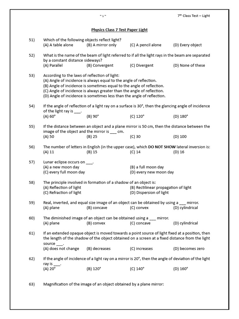 Class 7 Light MCQ Test Paper | PDF | Mirror | Reflection (Physics)
