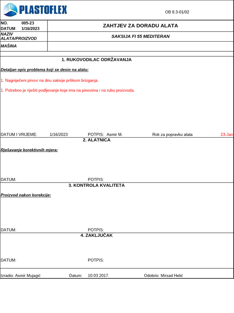 005-23-Zahtjev Za Doradu Alata - Saksija Fi 55 Mediteran | PDF
