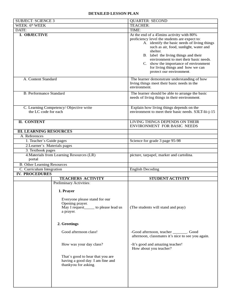Science Lesson Plan: Living Needs | PDF | Teachers | Lesson Plan