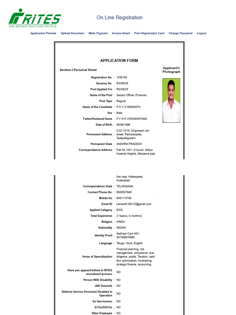 Rites Recruitment System - Application Preview | PDF
