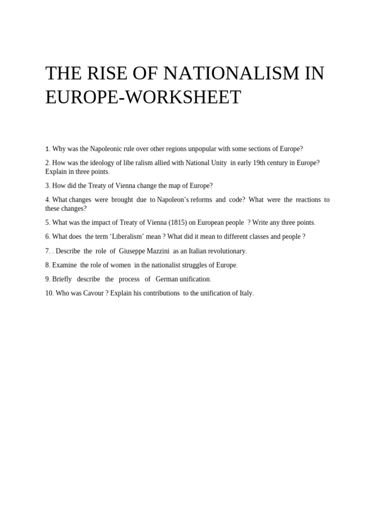 Nationalism in 19th Century Europe Worksheet | PDF