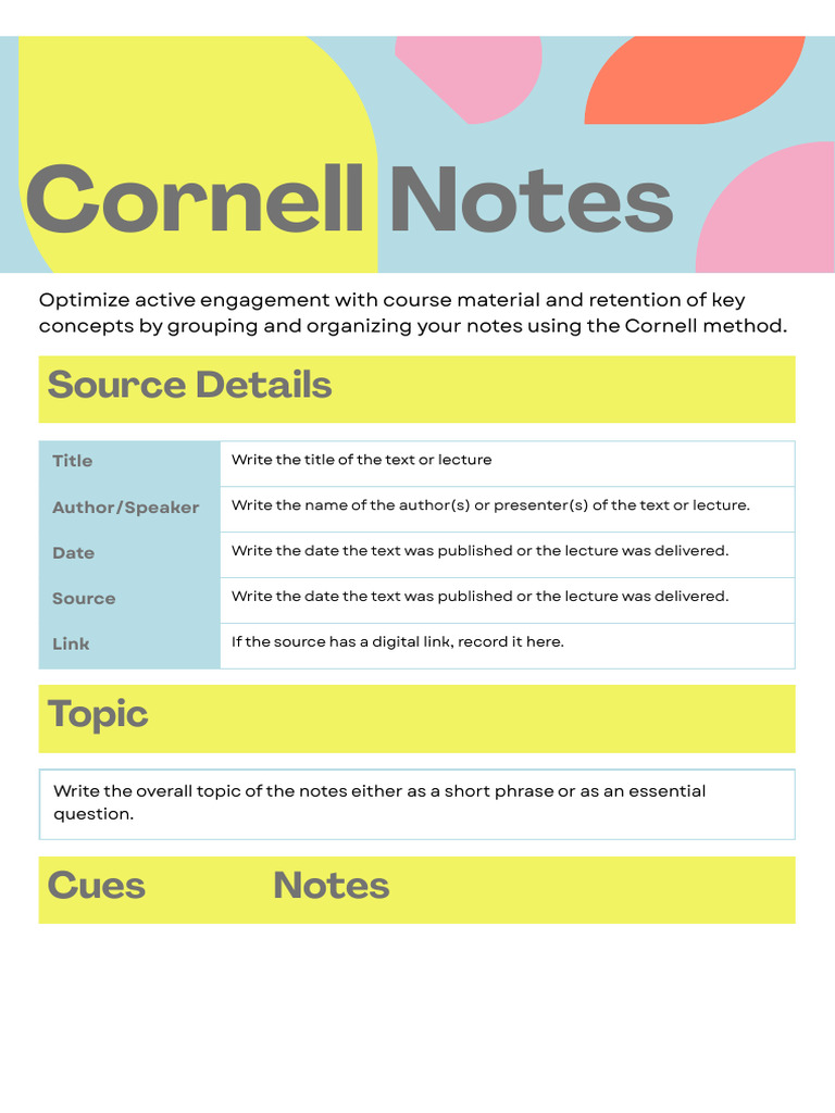 Cornell Notes Digital Document in Bright Lively Simple Style | PDF
