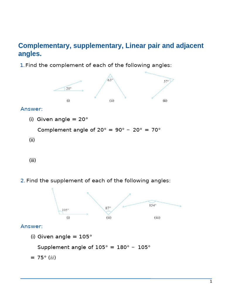 Complementary Angles Supplementary - 2 C.W and H.W | PDF | Angle ...