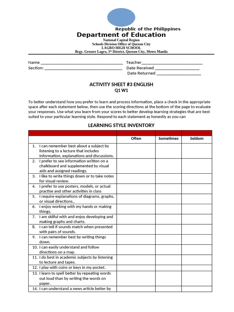 Learning Style Inventory Activity Sheet | PDF | Learning Styles ...