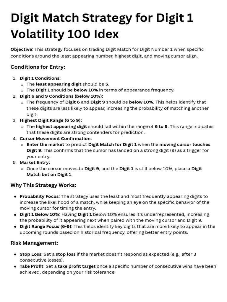 Digit Match Strategy For Digit 1 Volatility 100 Idex | PDF