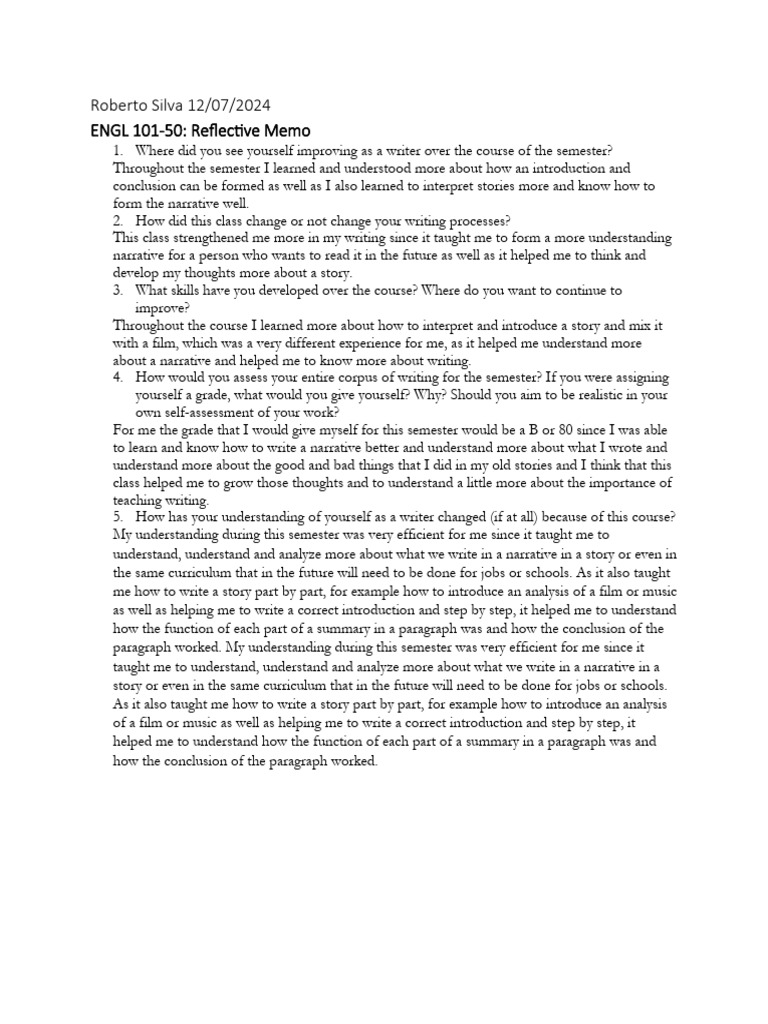 ENGL 101-50 - Fall 2020 - Major Assignment IV - Reflective Memo | PDF | Cognition | Learning