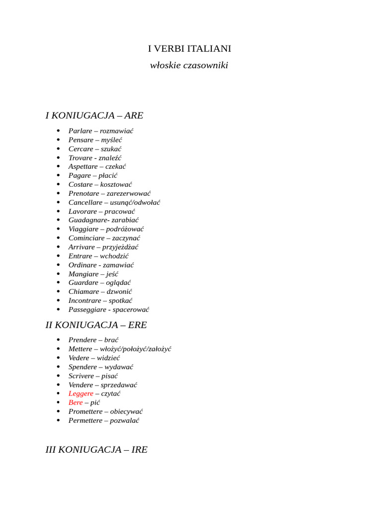 I Verbi Italiani - Tradotti in Polacco | PDF