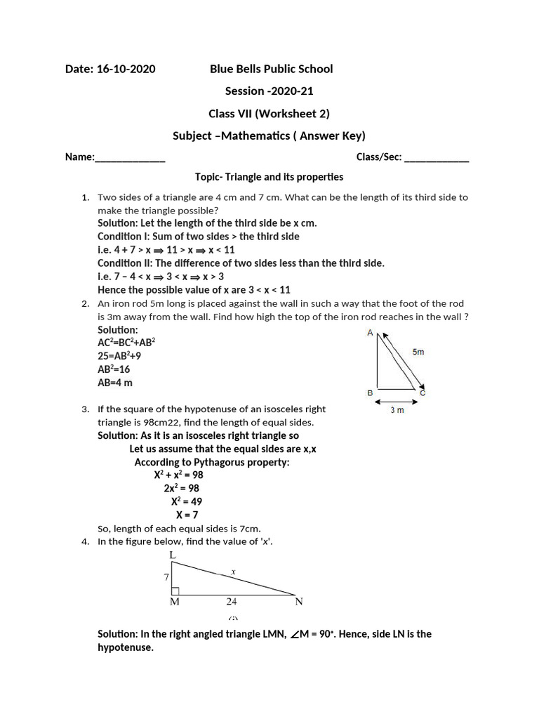 Triangle and Its Prop. Class 7 WS2 Answer Key | PDF