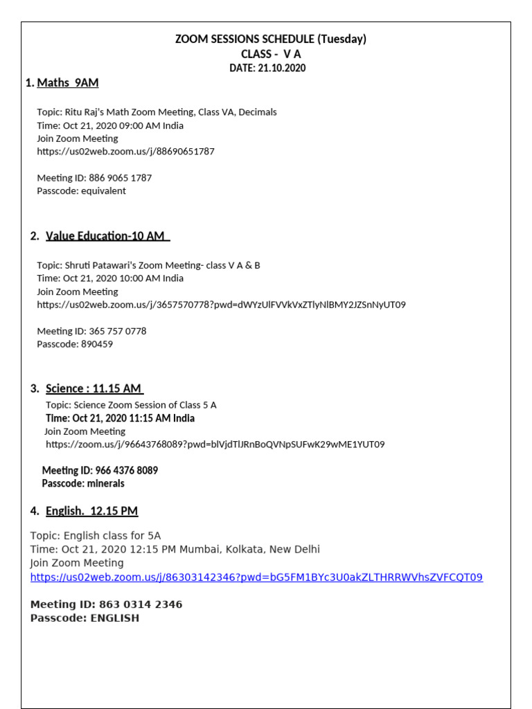 Class VA Zoom Schedule - Oct 21, 2020 | PDF