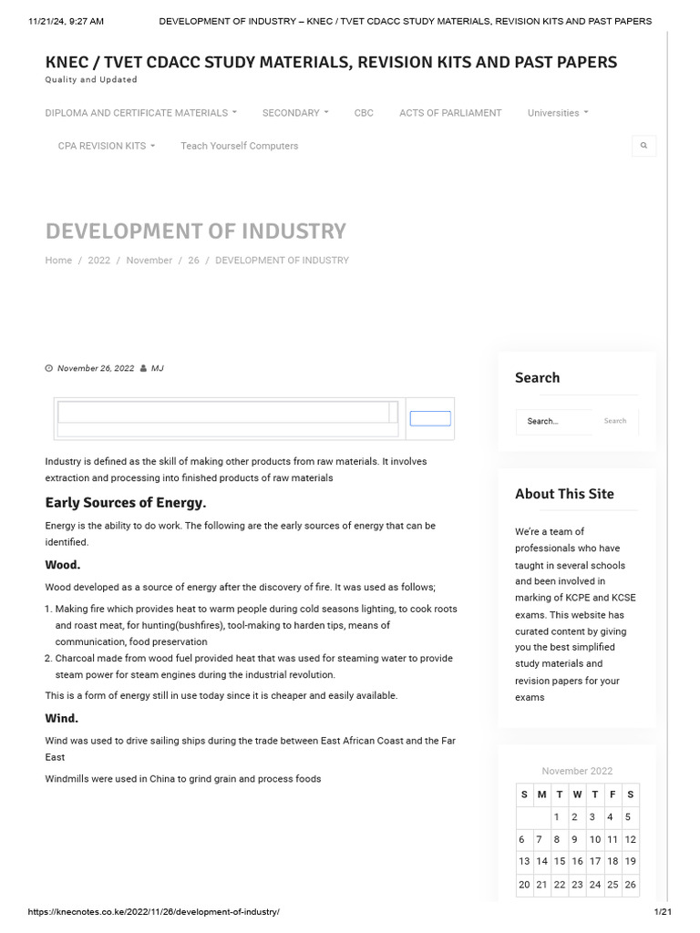 DEVELOPMENT OF INDUSTRY – KNEC _ TVET CDACC STUDY MATERIALS, REVISION ...