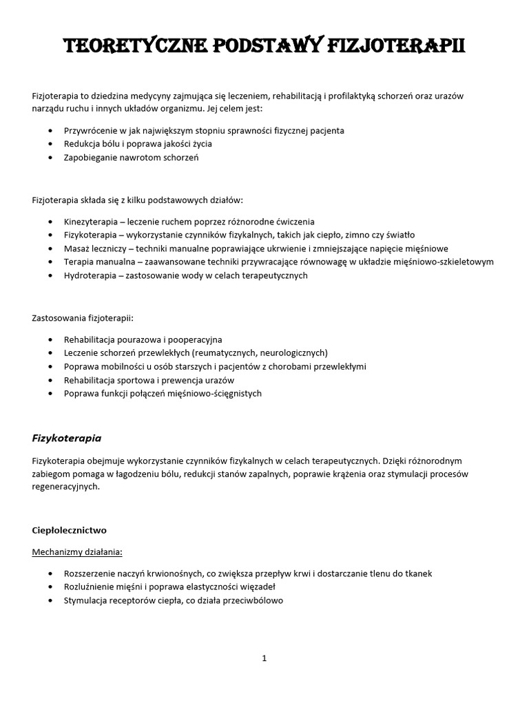 Teoretyczne Podstawy Fizjoterapii - Notatka | PDF
