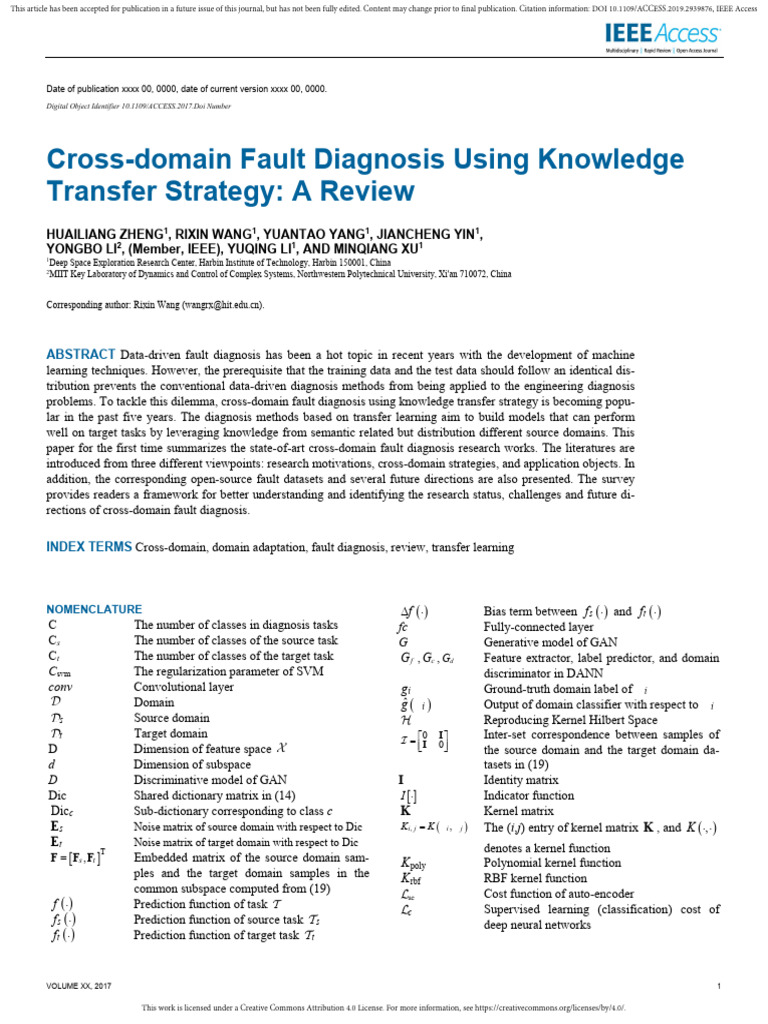 Cross-Domain Fault Diagnosis Using Knowledge Transfer Strategy - A Review | PDF | Deep Learning ...