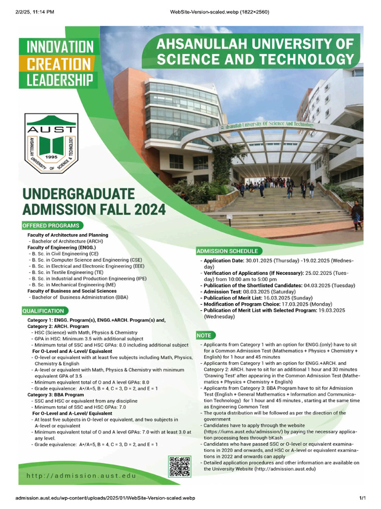 AUST Fall 2025 Admission Circular | PDF
