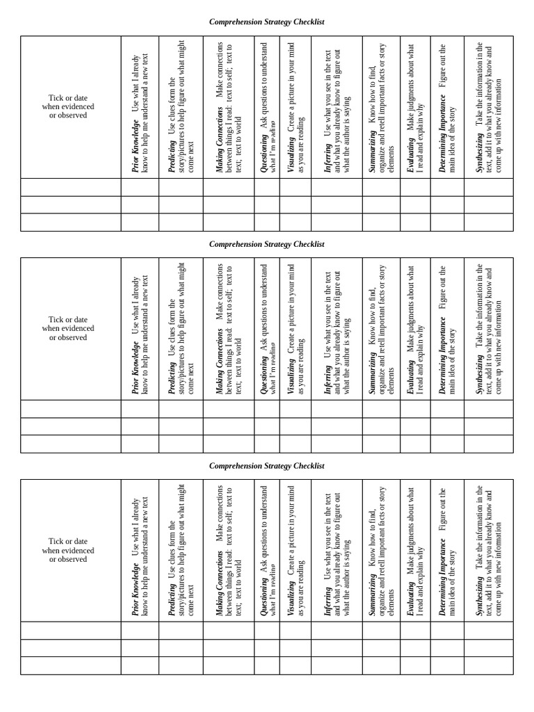 Reading Comprehension Strategy Checklist | PDF | Reading Comprehension ...