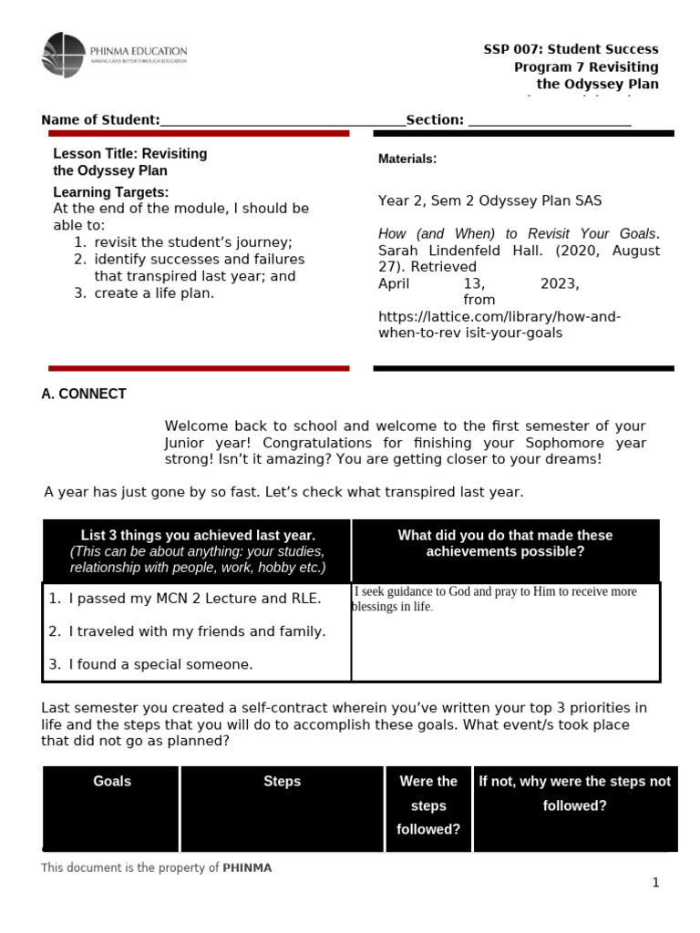 1) SSP 007 - Odyssey Plan (Sas) | PDF | Behavior Modification | Learning