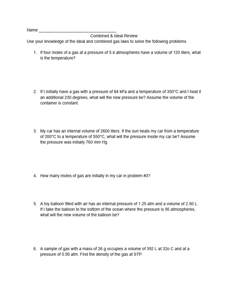 Gas Laws Review (Combined & Ideal) | PDF | Gases | Pressure