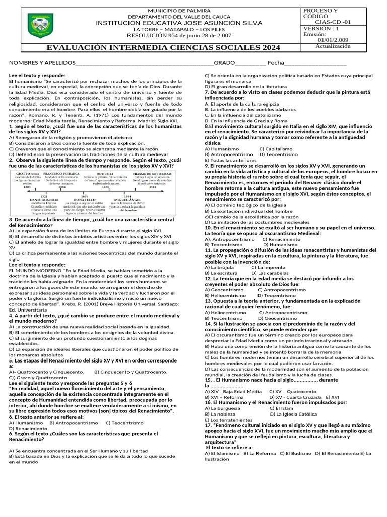 Evaluación Intermedia Grado 7-1 y 7-2 JAS | PDF | Renacimiento | Edades ...