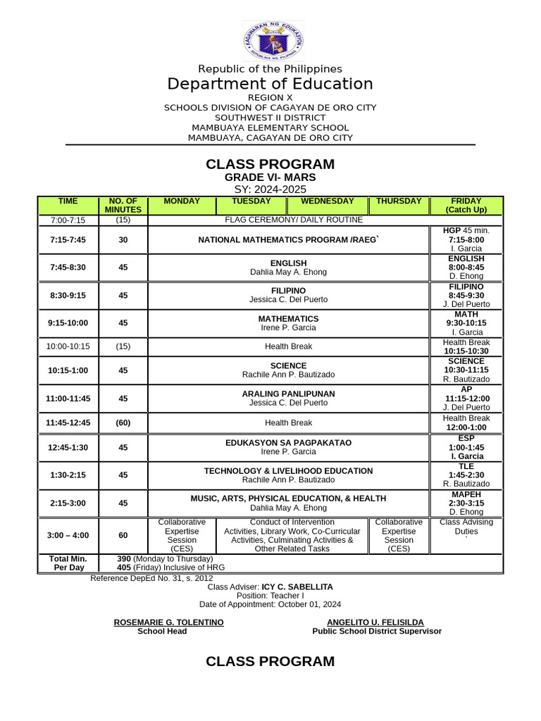 2024 2025 Class Program Grade 6 1 Pdf Philippines