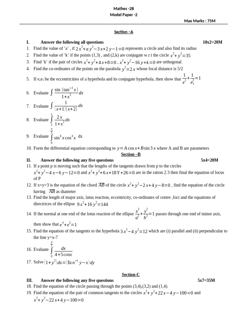 Maths-2B Model Paper -2 | PDF | Ellipse | Circle