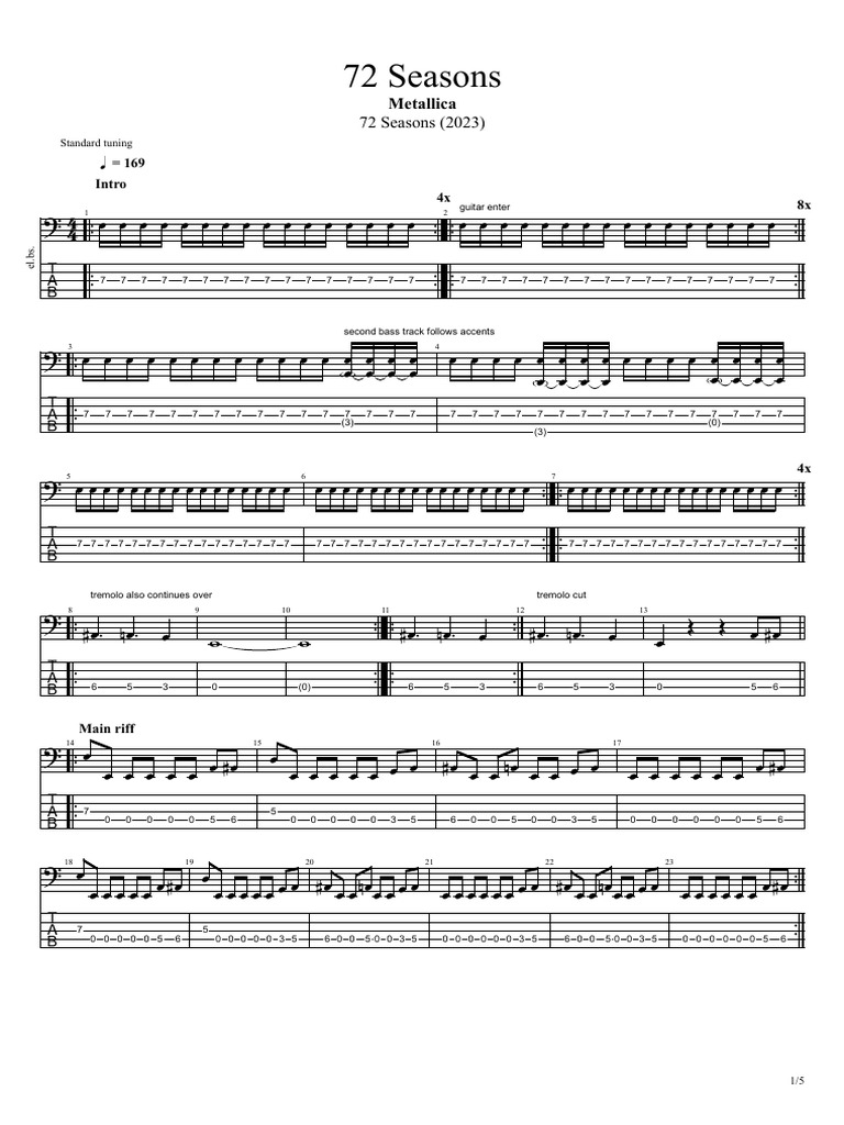 72 Seasons Bass Tab Guide | PDF | Guitar Family Instruments | Guitars