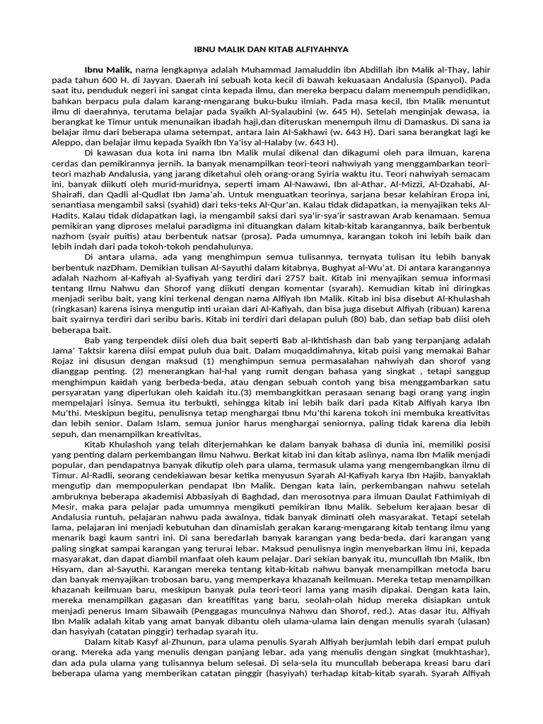 Alfiyah Ibn Malik: Karya dan Pengaruhnya | PDF