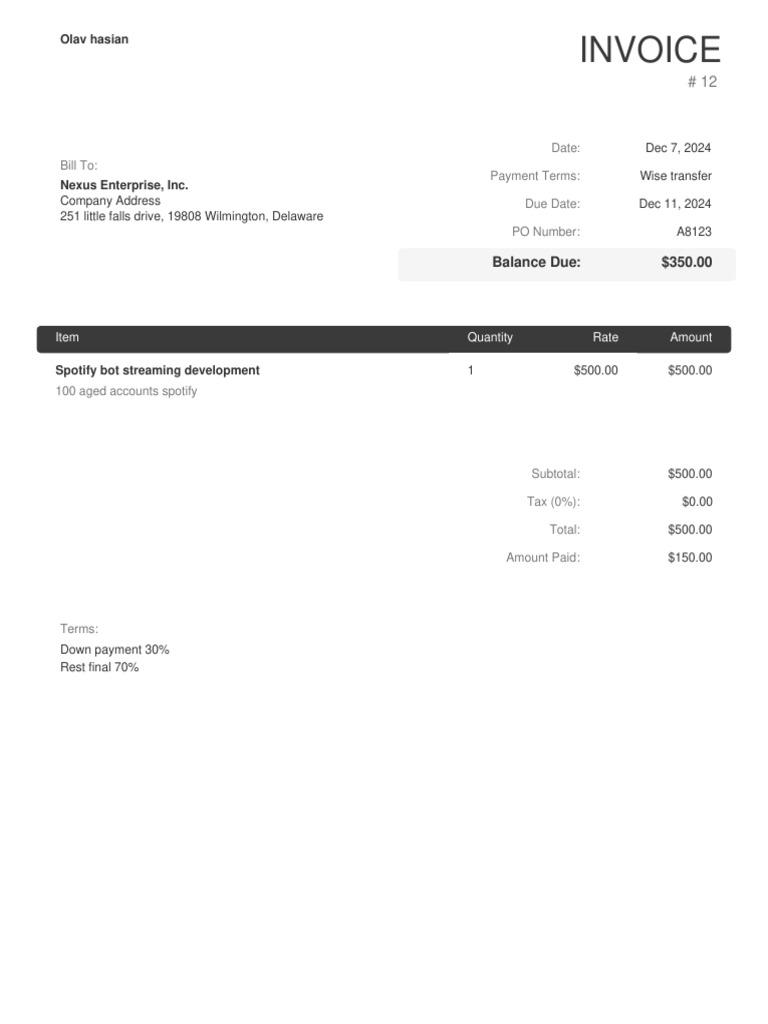 Invoice #12 for Spotify Bot Services | PDF