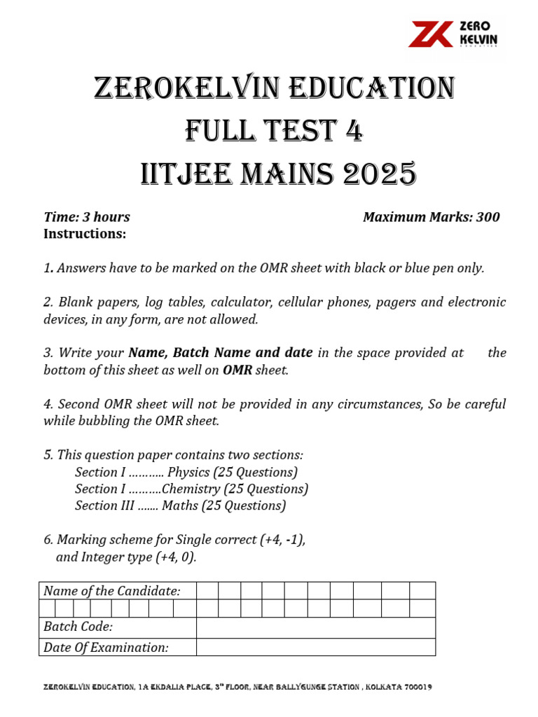 Class XII Full Test 4 Paper | PDF